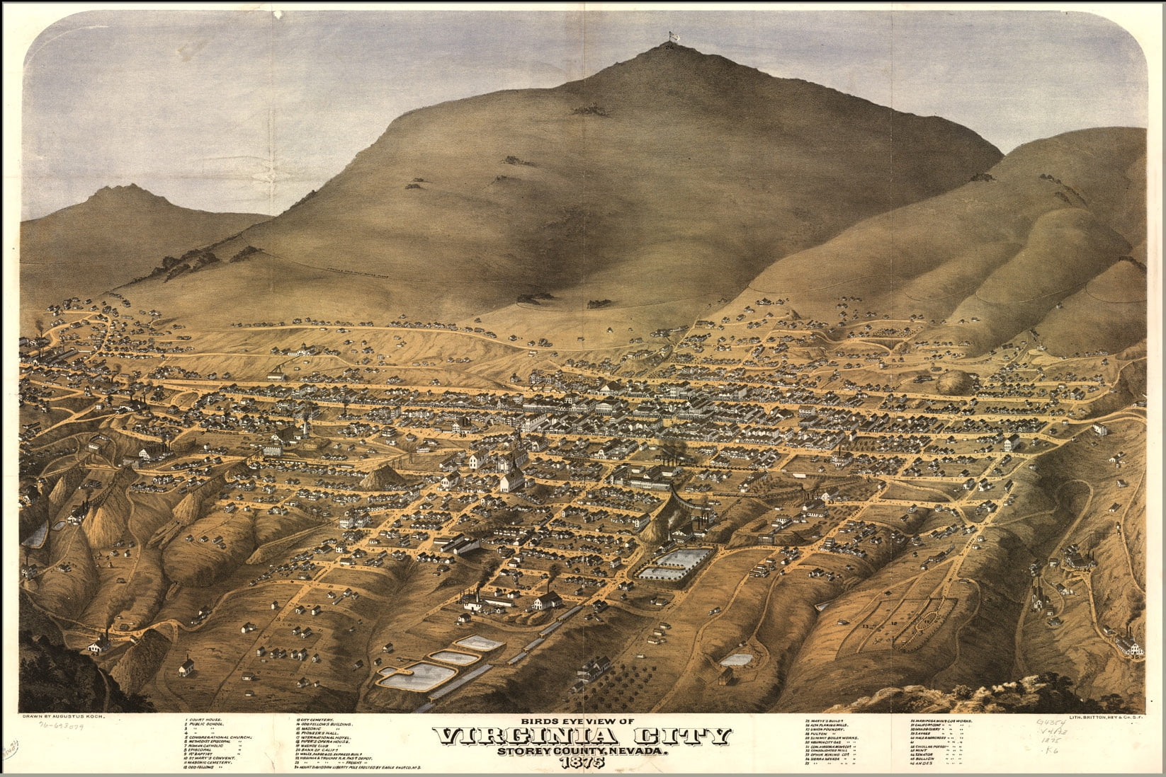 24"x36" Gallery Poster, birdseye view map of Virginia City, Nevada ...