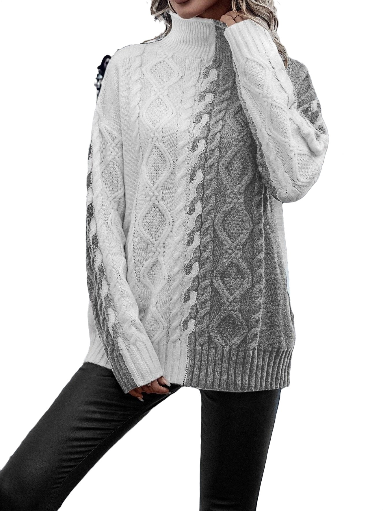 Casual Colorblock High Neck Pullovers Long Sleeve Grey Women's Sweaters ...