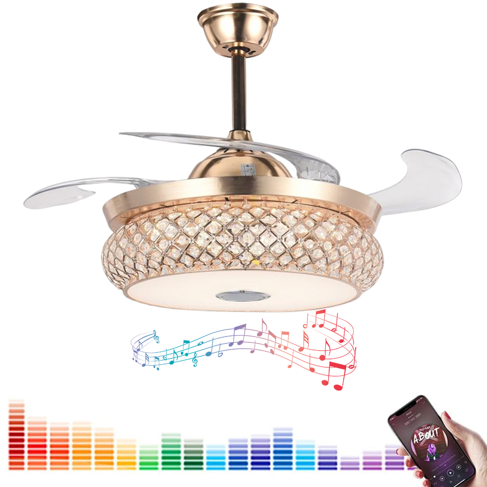 FINE MAKER Crystal Chandelier Fan Remote Control Bluetooth Music ...