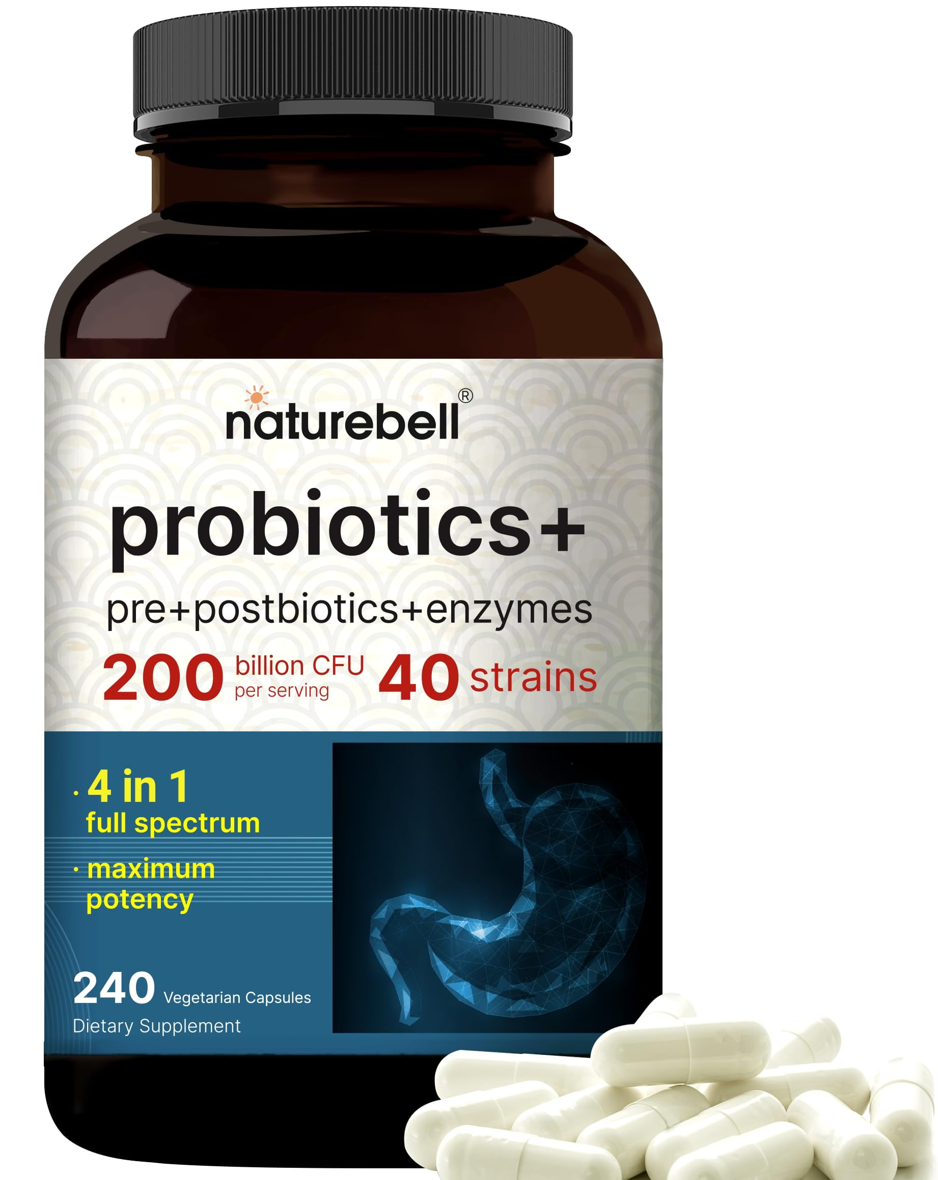 Suplemento NatureBell Probiotics, 200 mil millones de CFU, 240 cápsulas ...