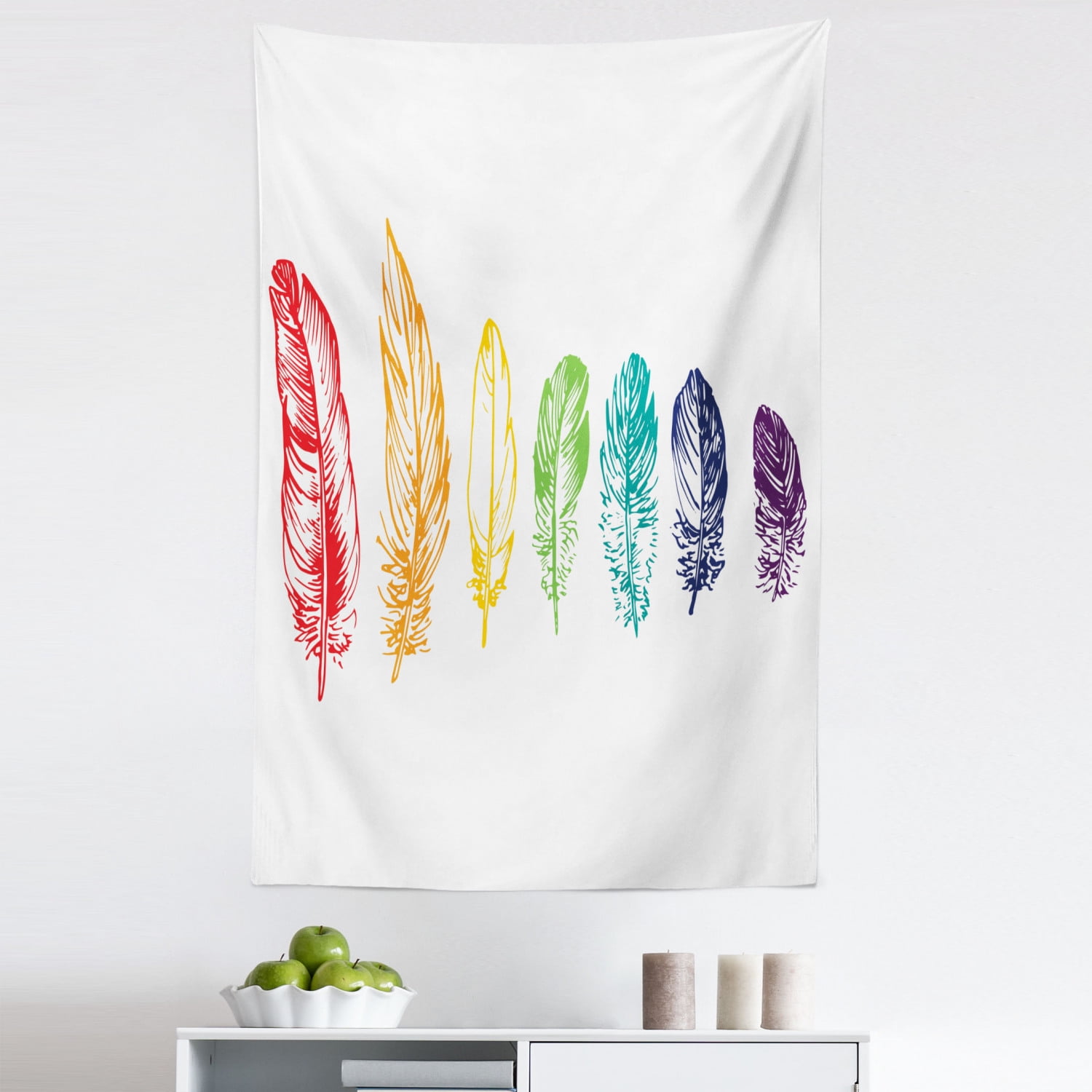 Hand Drawn Tapestry, Group of Ink Drawing Style with Rainbow Feathers ...