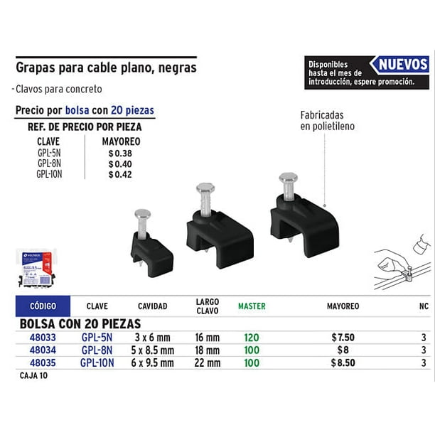 Grapa para cable plano, 3 x 6 mm, negra, bolsa 20 pzas Volteck Grapa para cable plano, 3 x 6 mm ...