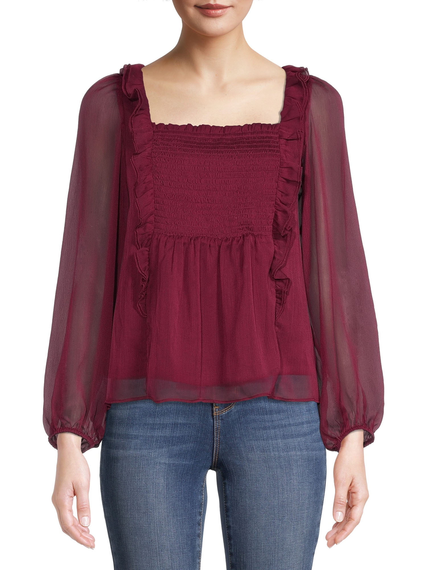 Time and Tru Women's Smocked Ruffle Top with Long Sleeves - Walmart.com