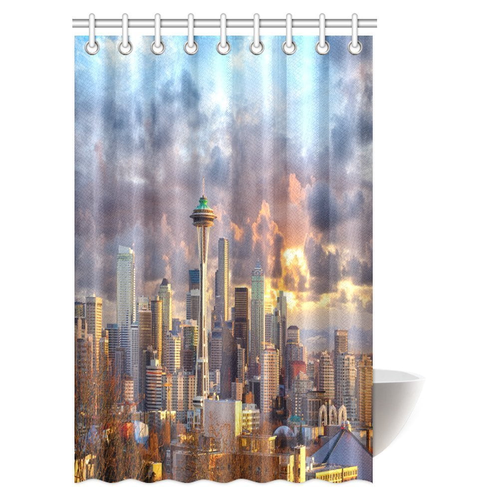 MYPOP Wanderlust Decor Shower Curtain, Seattle Skyline at Sunset WA USA ...