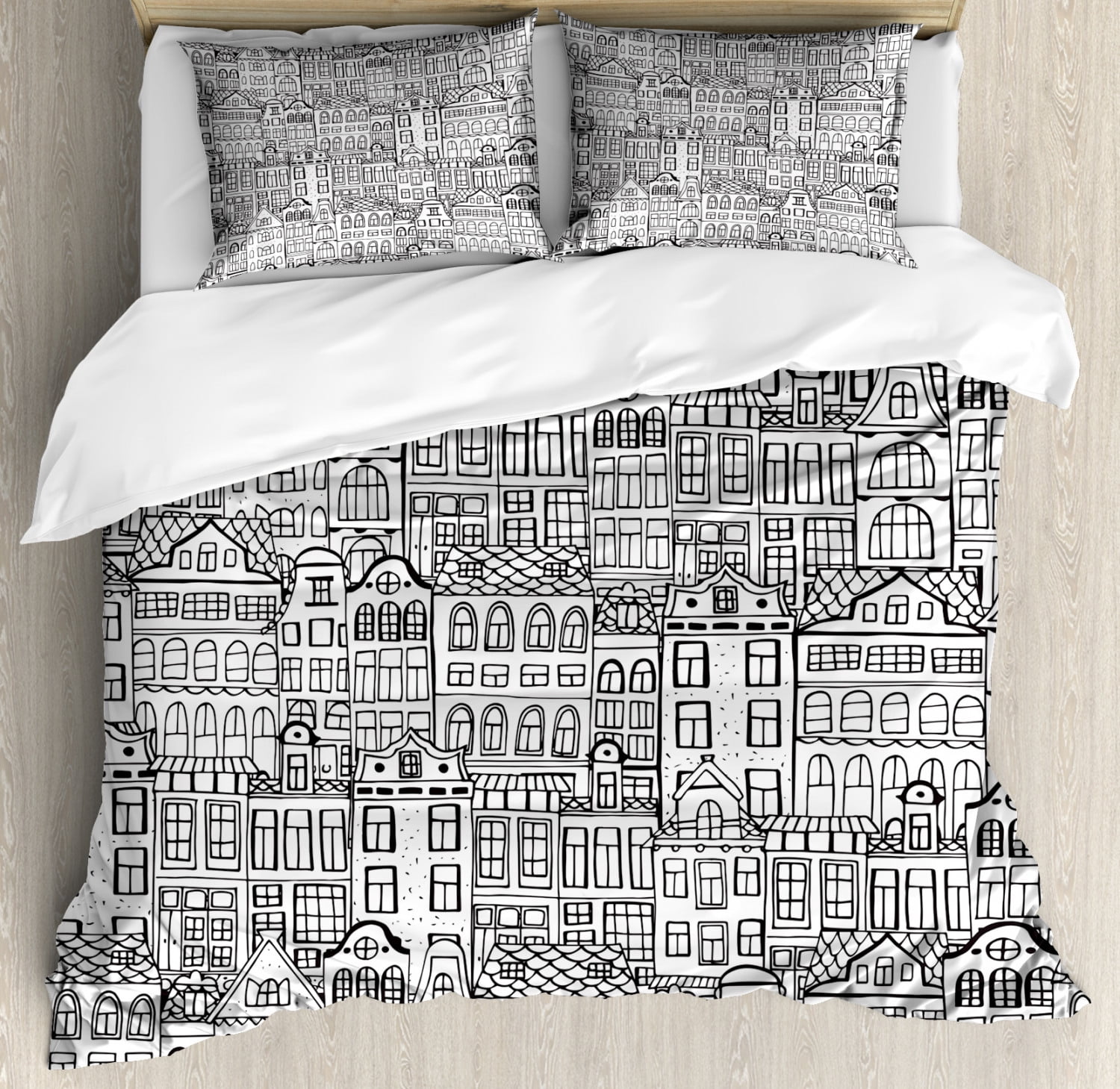 Amsterdam Duvet Cover Set King Size, Monochrome Style Cartoon Drawing ...