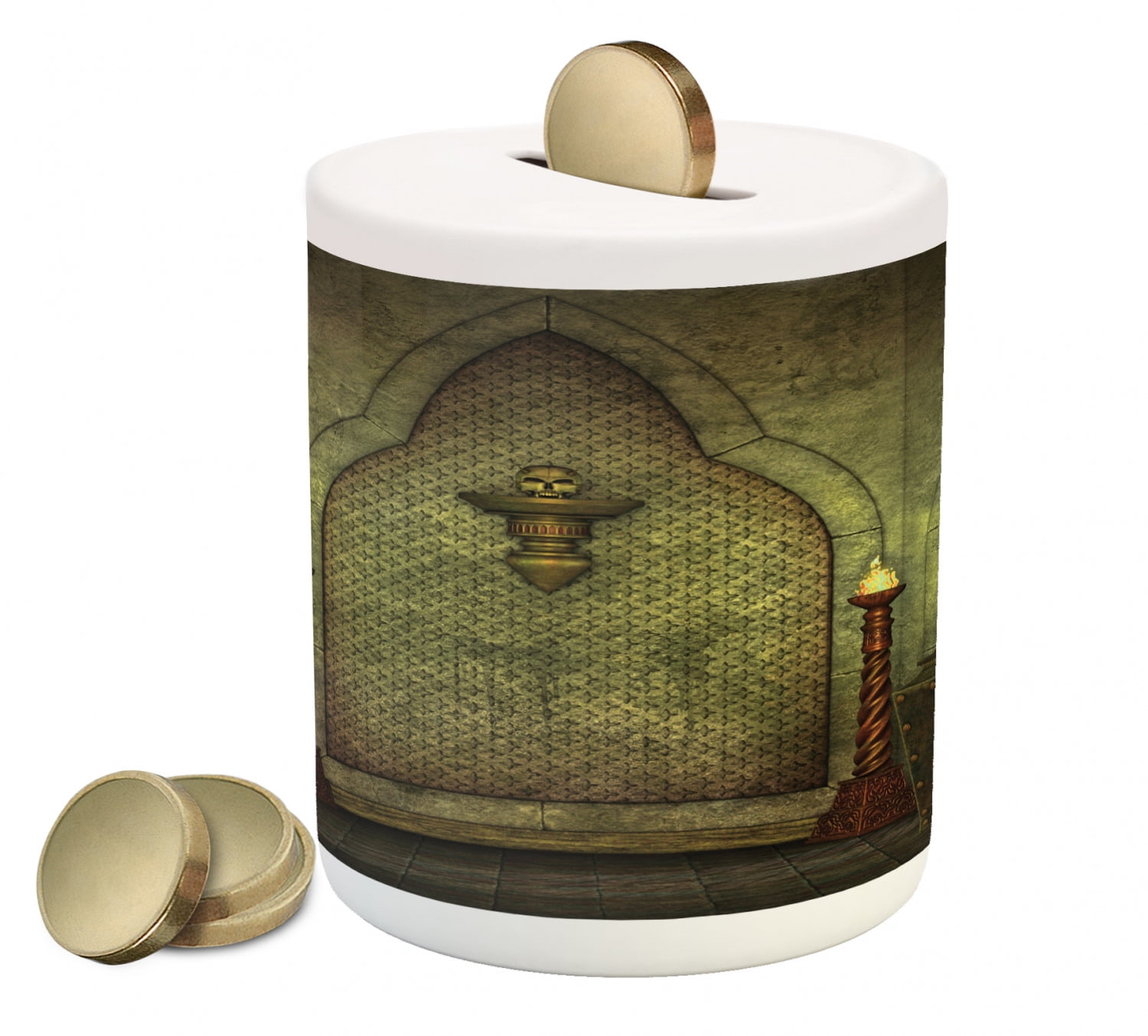 Gothic Piggy Bank, Fantasy Scene with Old Fashioned Wooden Torch and ...
