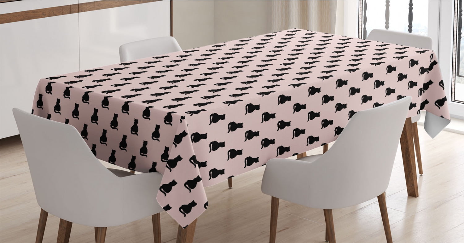 Cat Tablecloth, Black Cat Silhouettes on Pink Background Girlish Hand ...