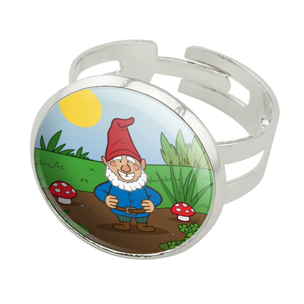 Garden Gnome with Toadstools Silver Plated Adjustable Novelty Ring ...