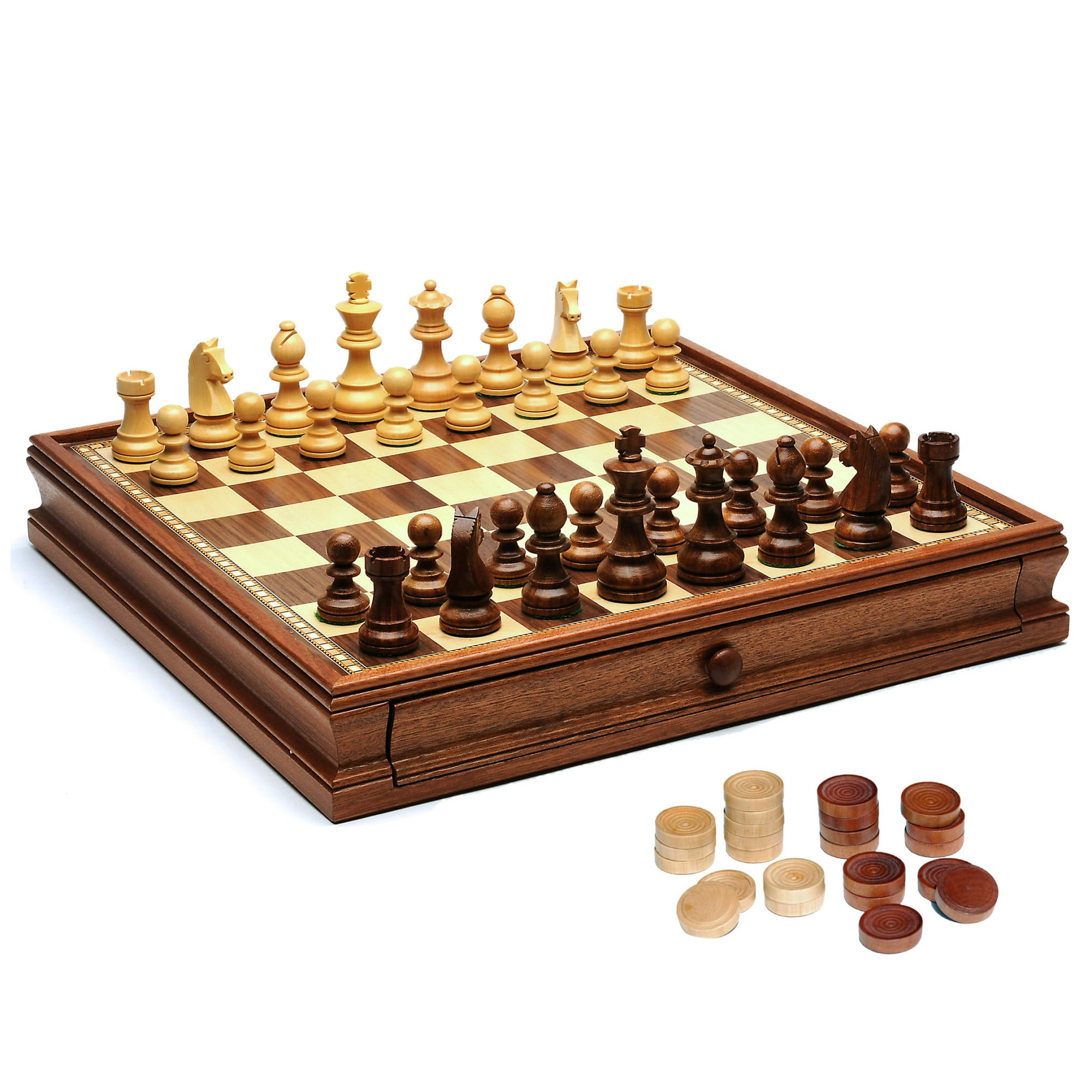 We Games French Staunton Chess & Checkers Set - Weighted Pieces  Brown & Natural Wooden Board With Storage Drawers - 15 In. 75x100cm