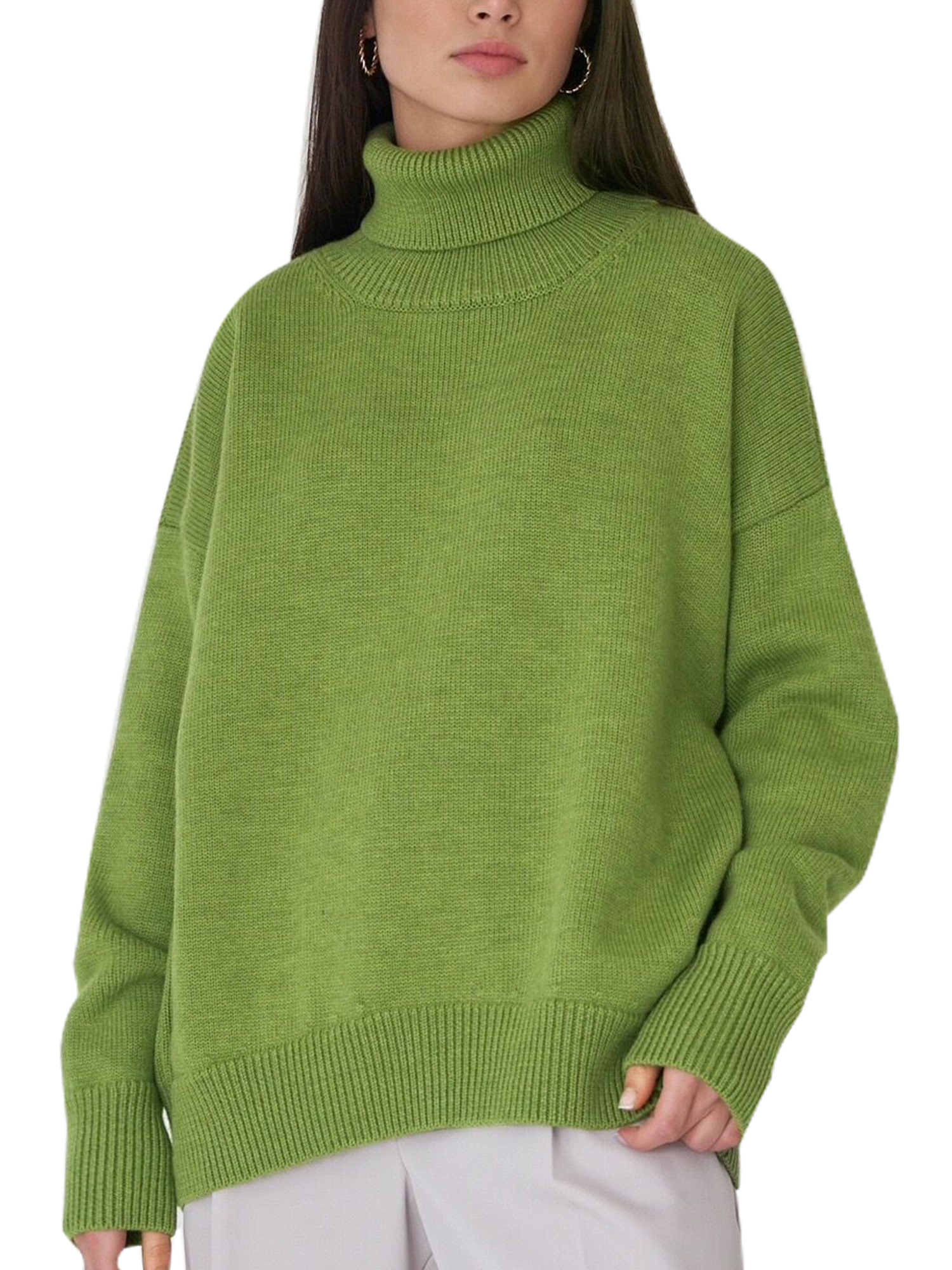 Grianlook Women Sweater Solid Color Jumper Tops High Neck Knitted