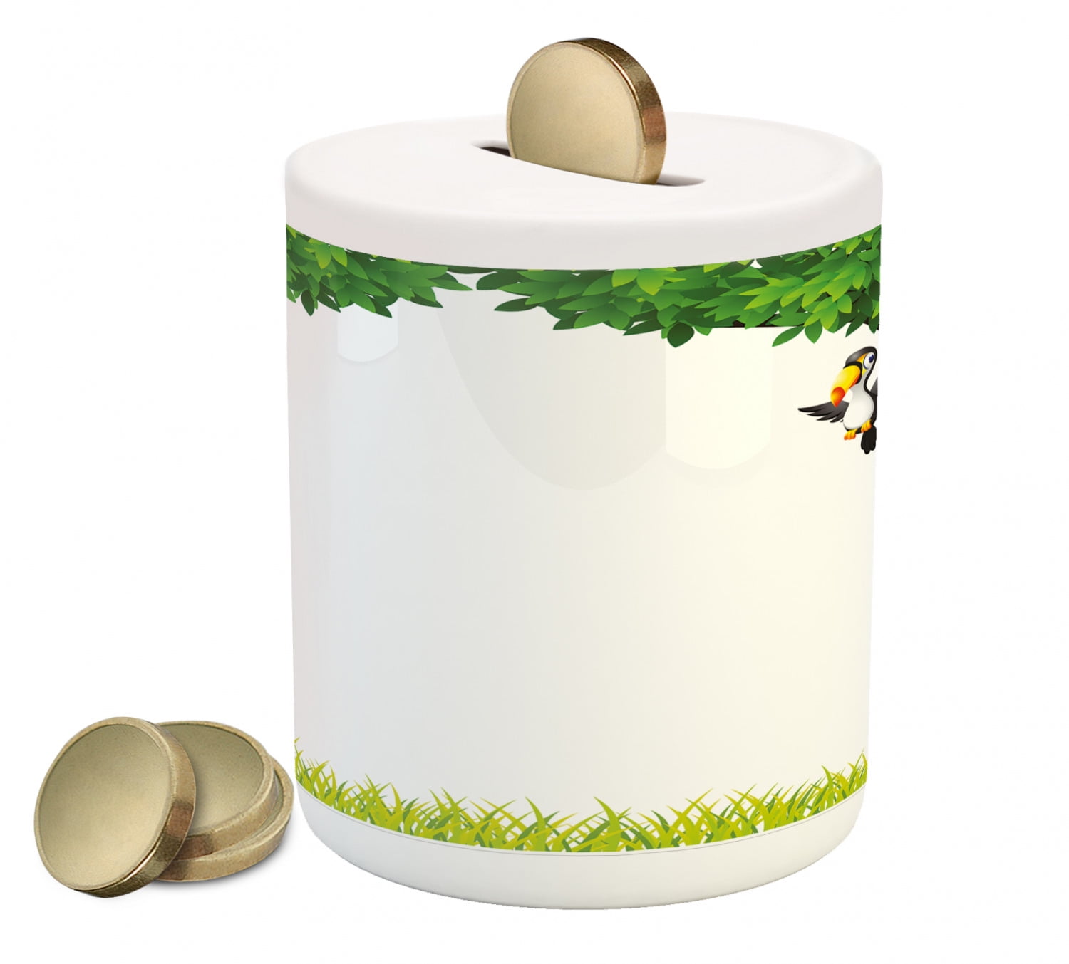 Cartoon Piggy Bank, Big Trees and Friendly Jungle Safari Animals ...