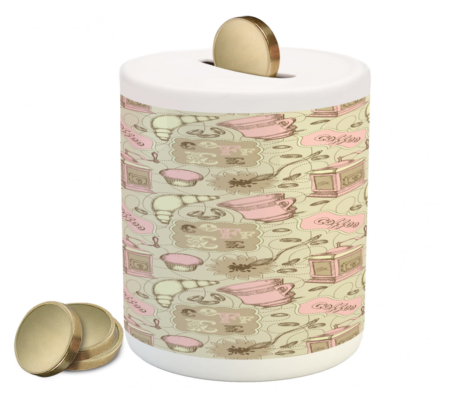 Cartoon Piggy Bank, Abstract Modern Image of Tea Pots Cups Cakes ...