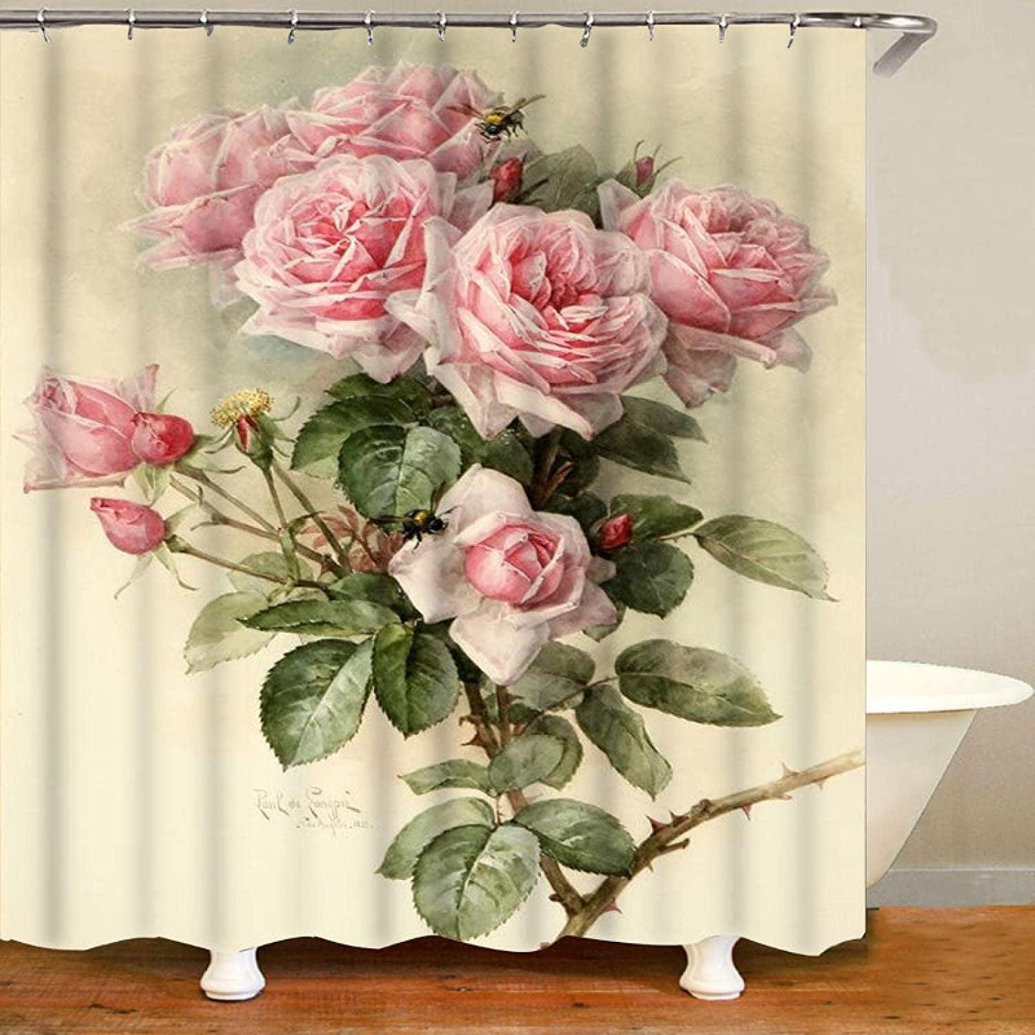 Pink Victorian Roses Floral Bathroom Curtains Shower Curtain Elegant ...