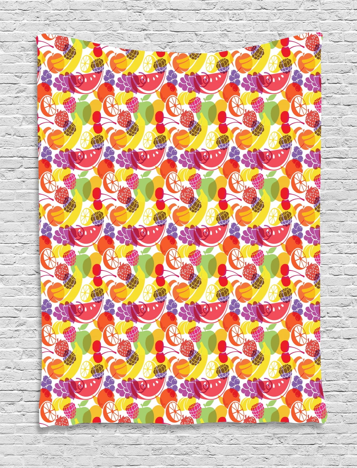 Fruit Art Tapestry, Overlapping Colorful Fruit Motifs in Silhouettes on ...