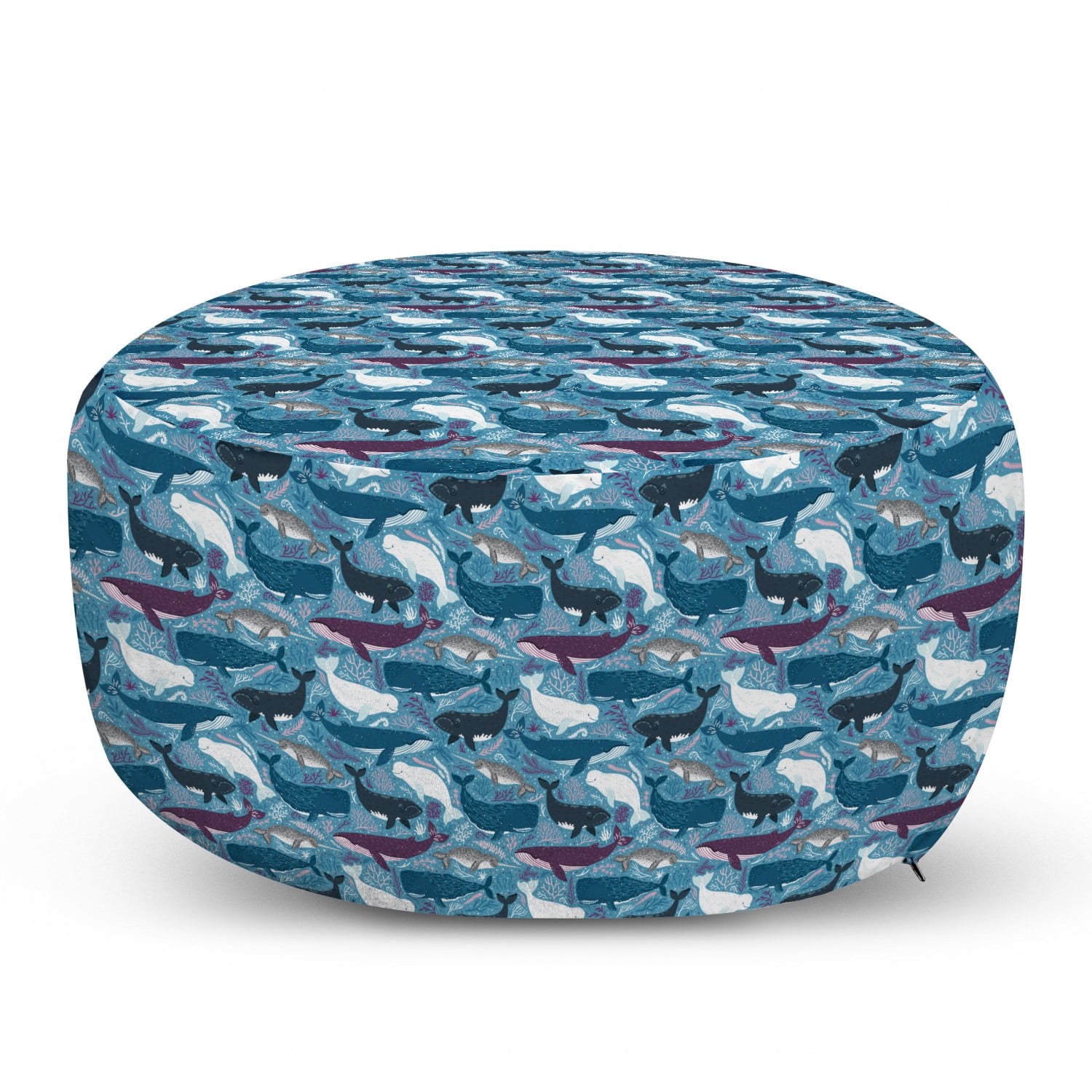 Nautical Pouf Cover with Zipper, Underwater Theme of Various Whales ...