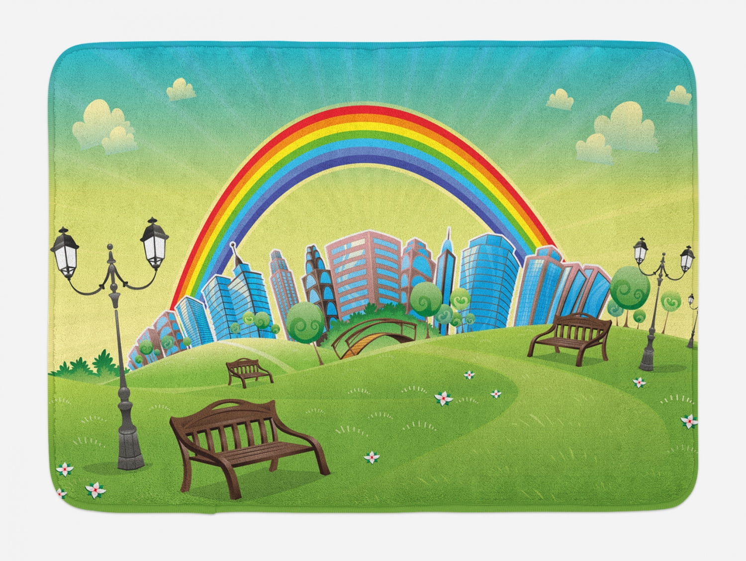 Cartoon Bath Mat, Kids Nursery Design Park Bench Hills Apartments ...