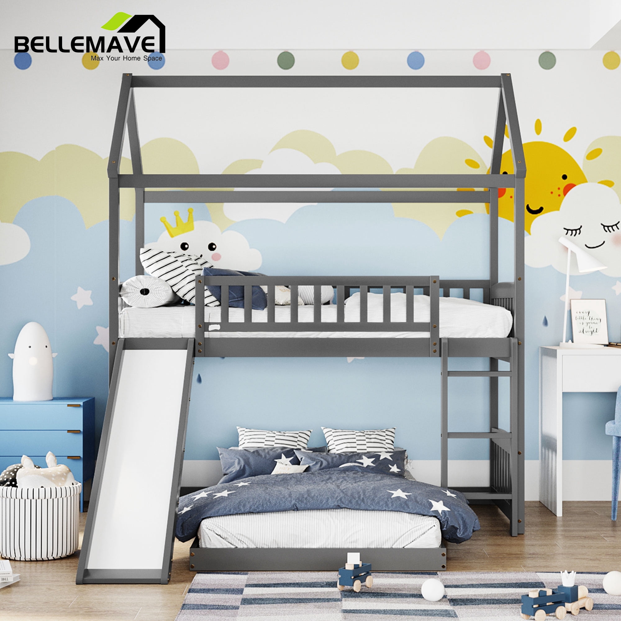 Bellemave Gray Twin Size Kids Bunk Bed with House Roof and Slide, Twin ...