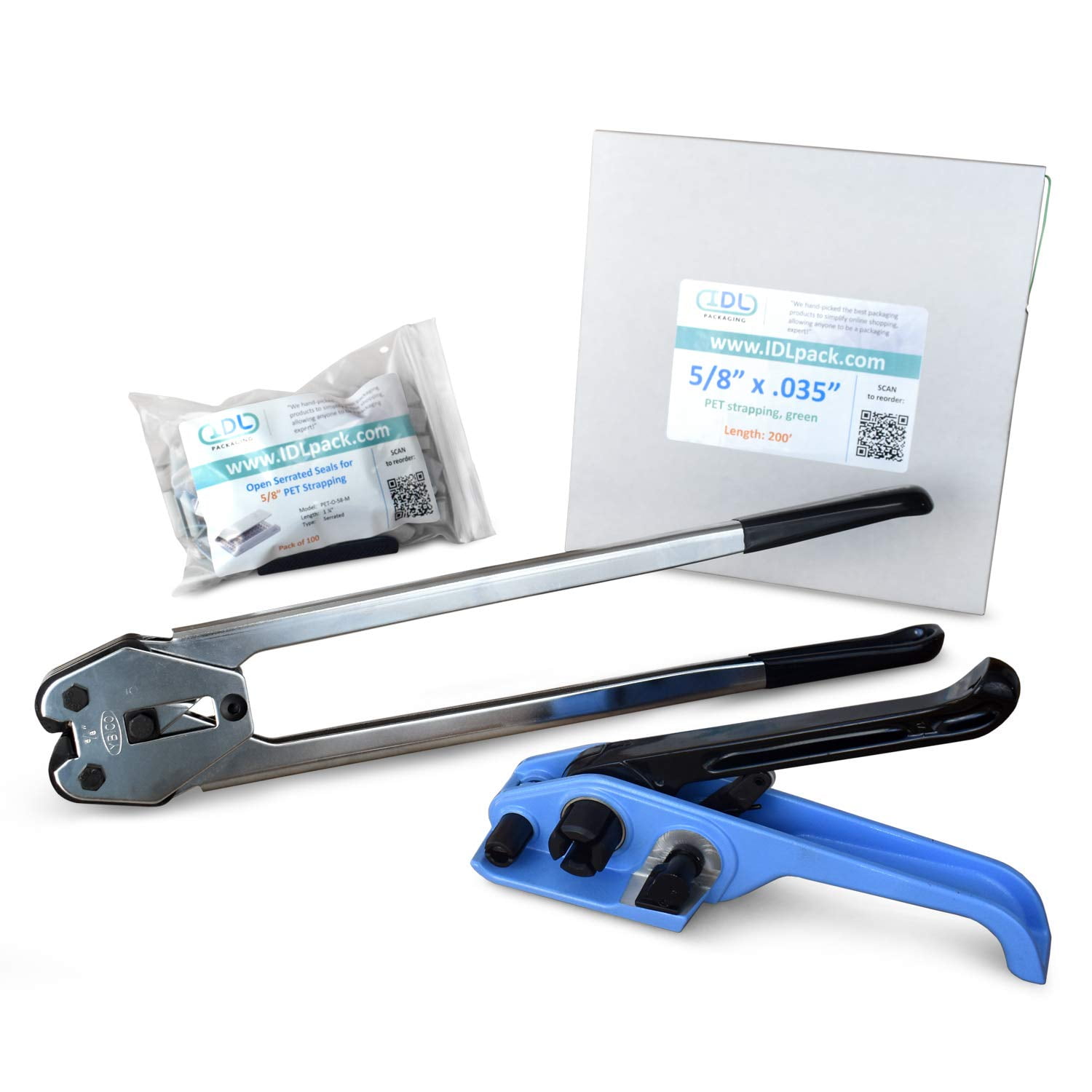 IDL Packaging 5/8" x 200' Polyester (PET) Strapping Kit, 1400 lbs. Break Strength - Include ...