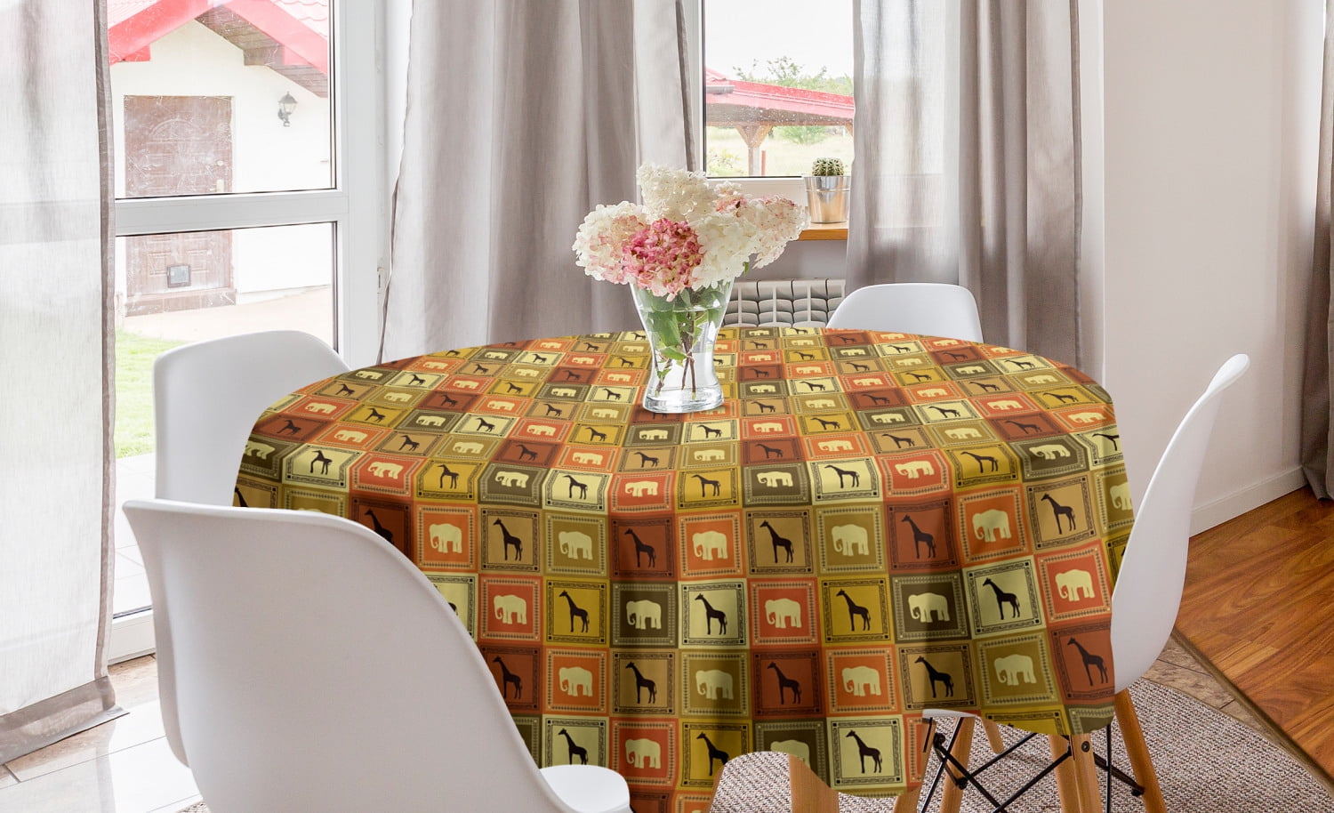 African Round Tablecloth, Savanna Elephants Cape Giraffes in Ornate ...