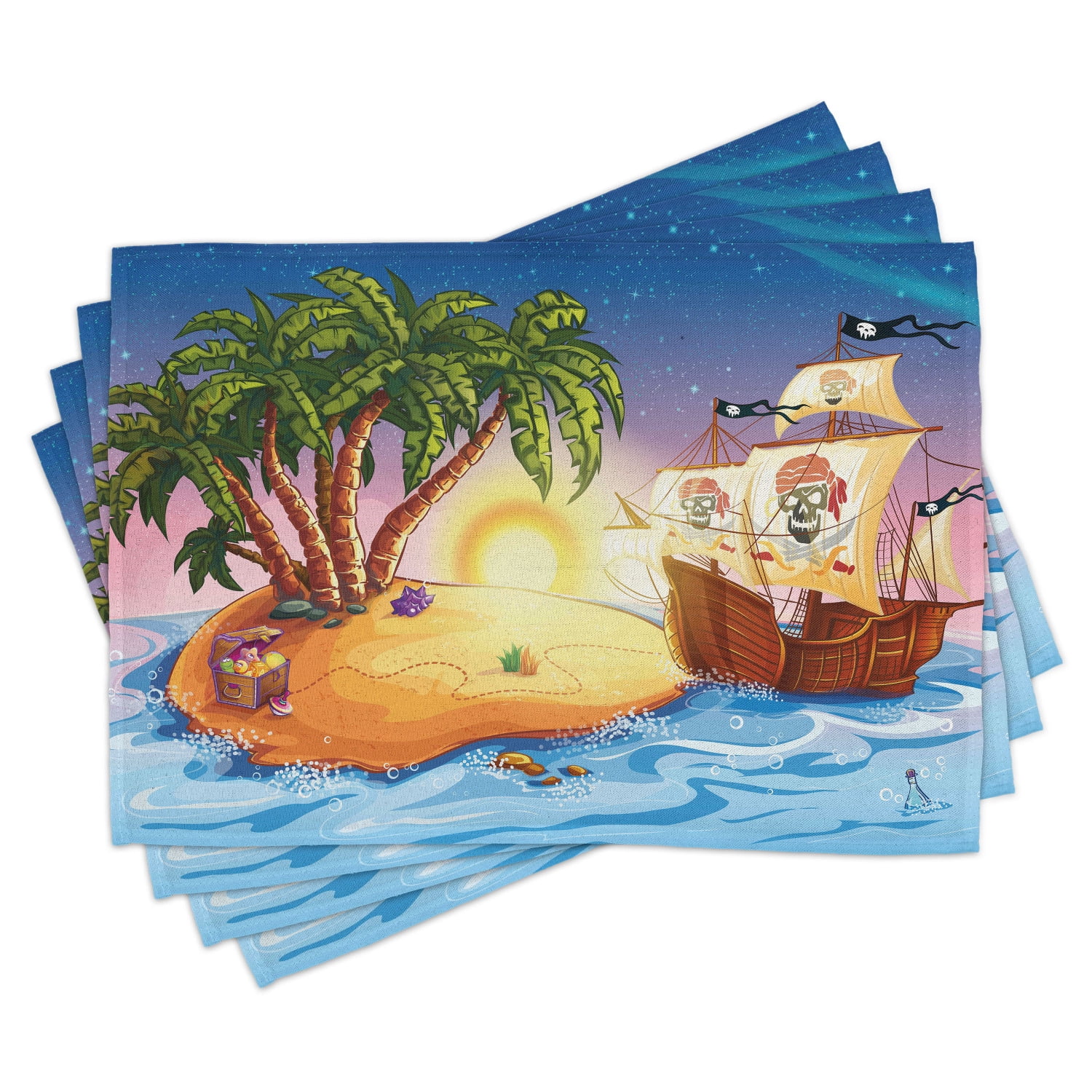 Ambesonne Pirate Ship Place Mats Set of 4, Exotic Sea Island, Standard ...