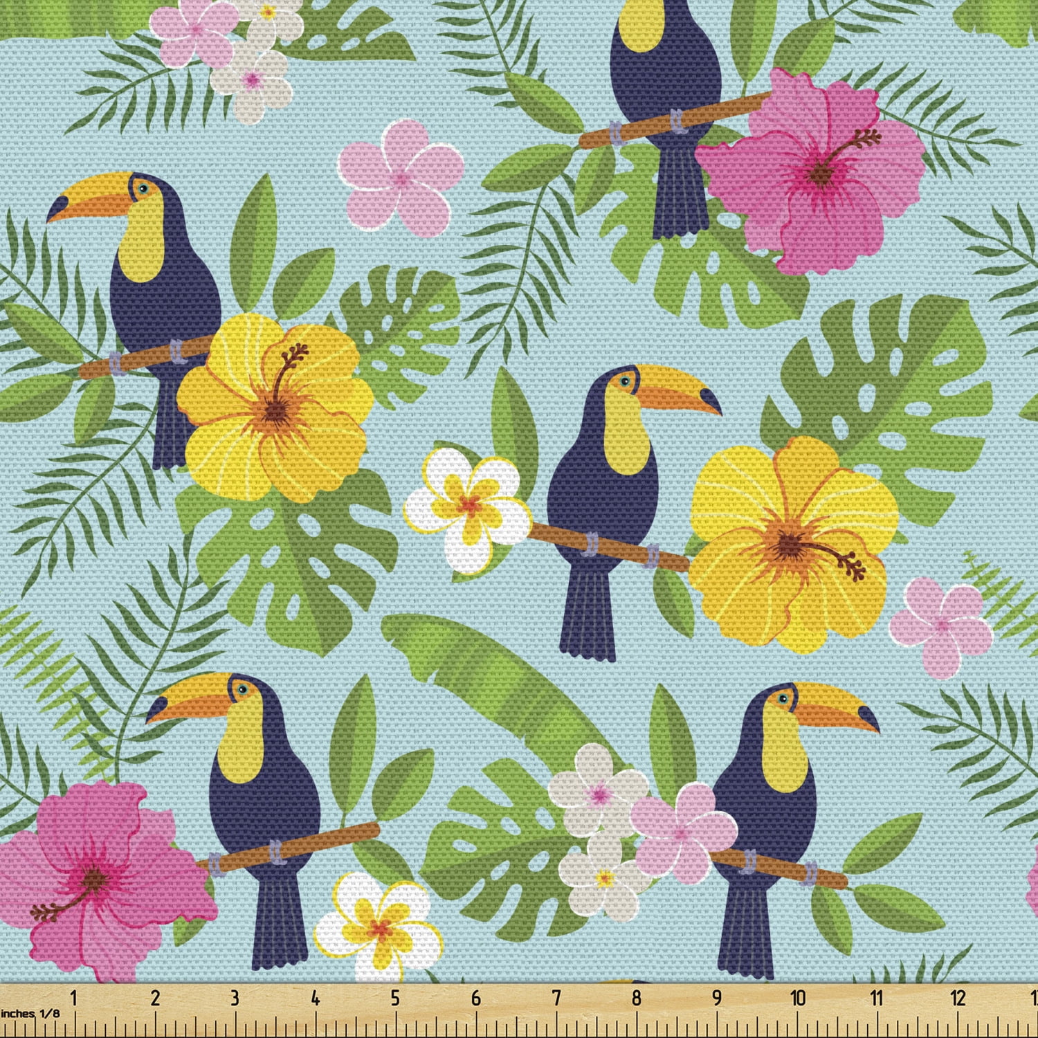 Tropical Fabric by the Yard, Hibiscus Plumeria Toucan Bird Monstera ...