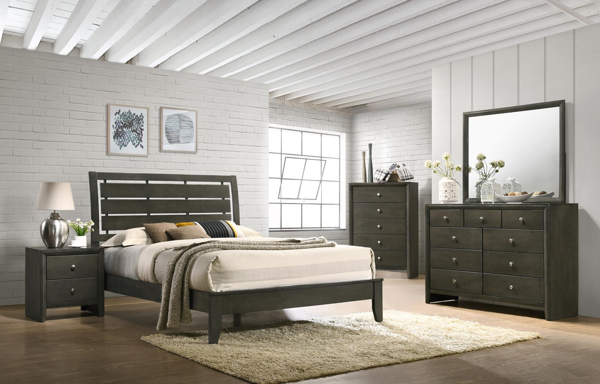Stylish Modern Bedroom Set King Size Bed Dresser Mirror Nightstand Set ...
