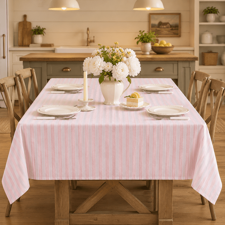 Striped Rectangle Tablecloth Ton Blend Fabric Pink Table Cloth With ...