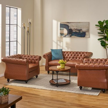 Noble House Denison Faux Leather 3 Piece Club Chair and Sofa Set, Dark ...