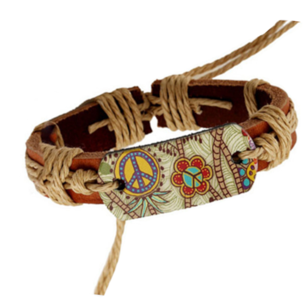 Genuine Leather Peace Sign Pull String Bracelet Hippie Cool Design ...