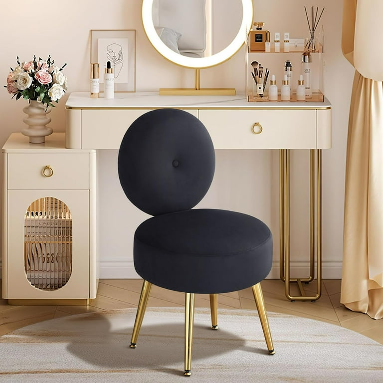 Furnimart Black Vanity Stool Chair with Back Cute Small Accent Chair Round Makeup Chair with Gold Legs for Vanity Bedroom Bathroom Living Room Black