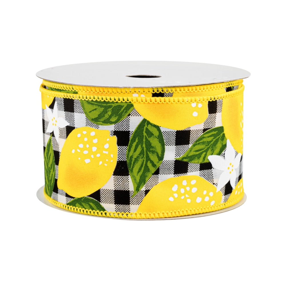 Yellow Lemons Plaid Wired Ribbon - 2 1/2" x 10 Yards, Black Checks ...