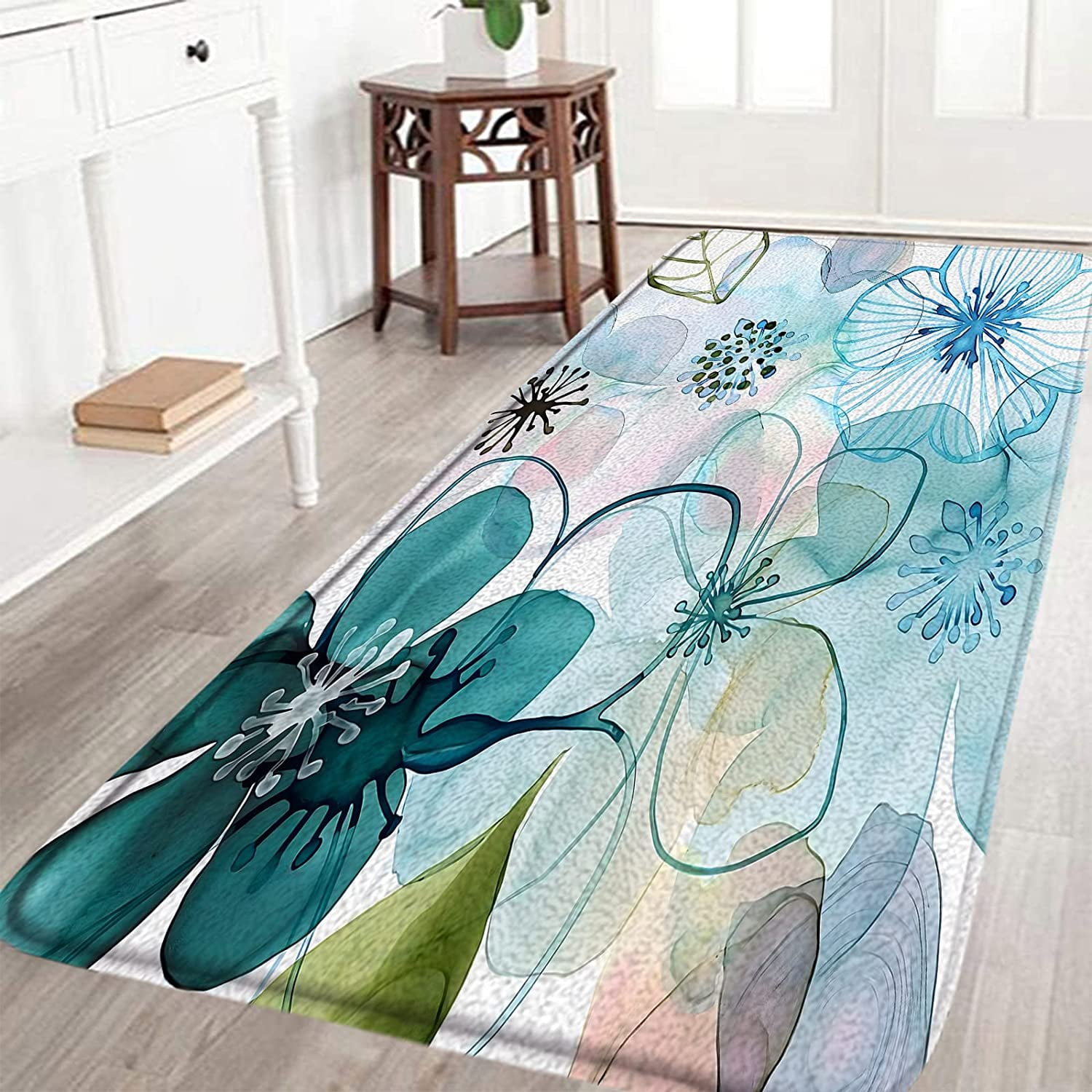 Green Teal Floral Bath Mat Watercolor Transparent Flower X-ray Flowers ...