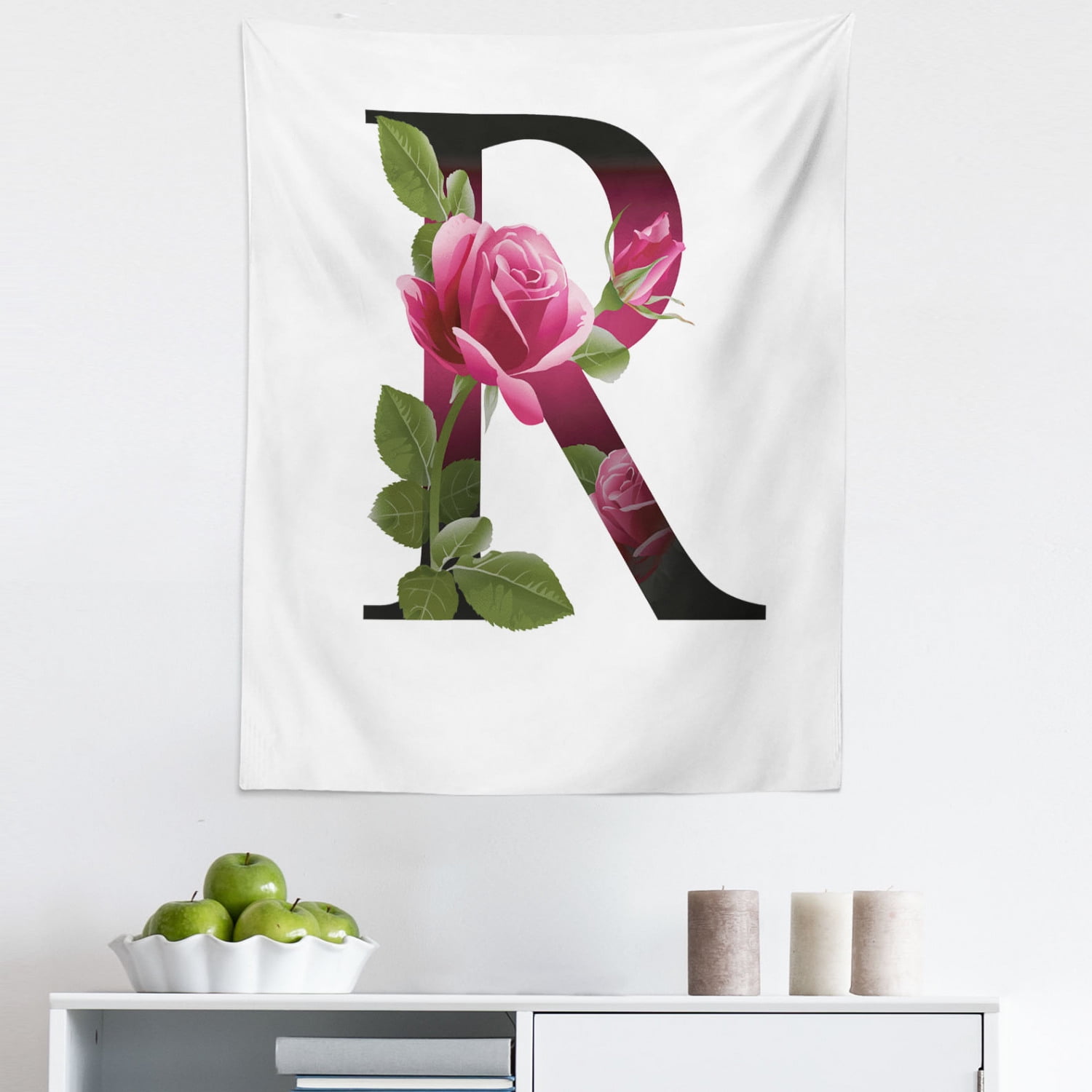 Letter R Tapestry, Capitalized R with Flower of Love Rose Nature ...