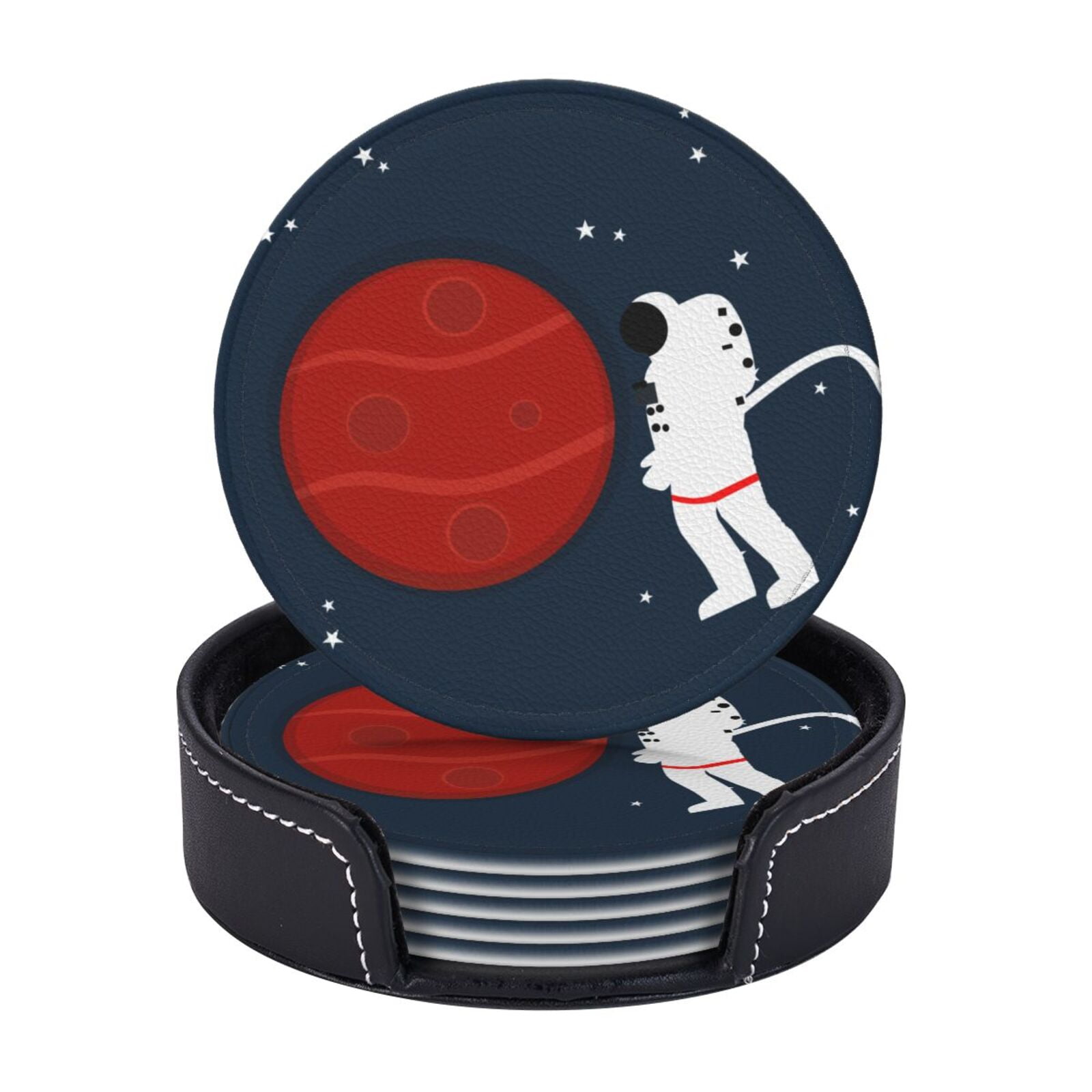 LNWH Coasters, Spaceman Spaceship Mars Stars Leather Round Coasters Set ...