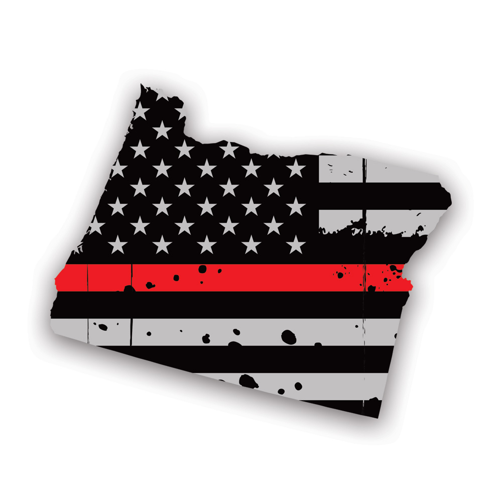 Distressed Oregon State Shaped Subdued US Flag Thin Red Line Sticker ...