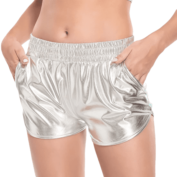 Biekopu Shiny Metallic Rave Booty Dance Shorts For Women Elastic Waist