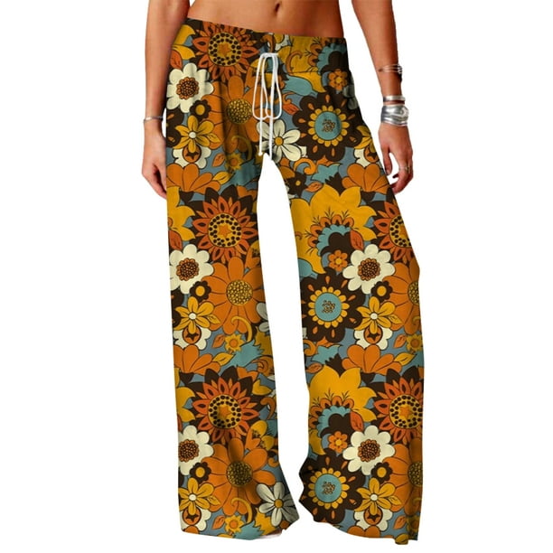 Qafopeh Women Floral Print Tie Waist Baggy Loose Wide Leg Palazzo Pants