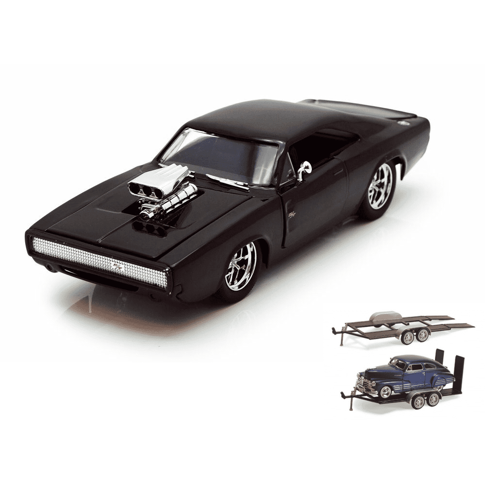 Diecast Car And Trailer Package Doms 1970 Dodge Charger R T Black