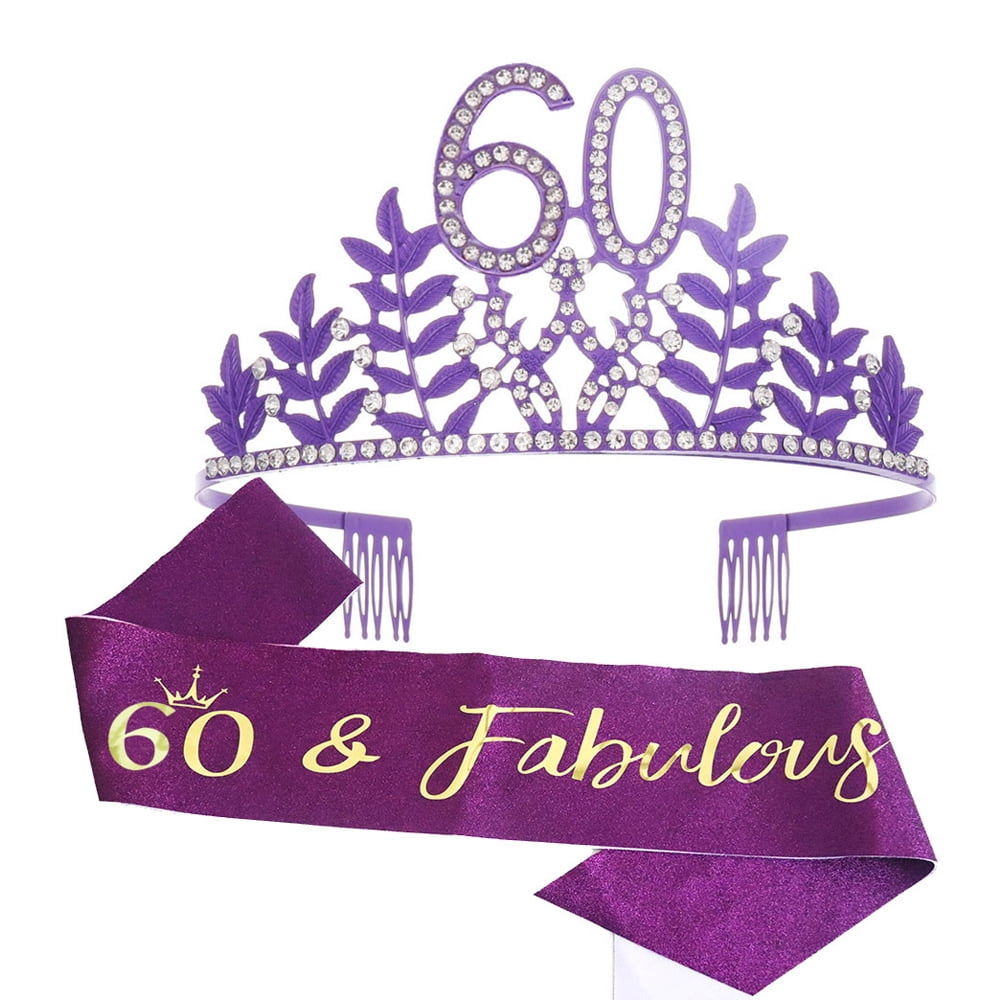 60th Birthday Sash and Crown hair band for Women, Birthday Crown for Happy 60th Birthday Party ...