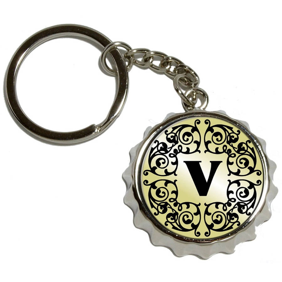 Letter V Initial Black White Tan, Nickel Plated Metal Popcap Bottle ...