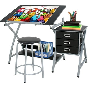 SLSRFD Adjustable Drafting Table with Stool and Storage, Art Drawing ...