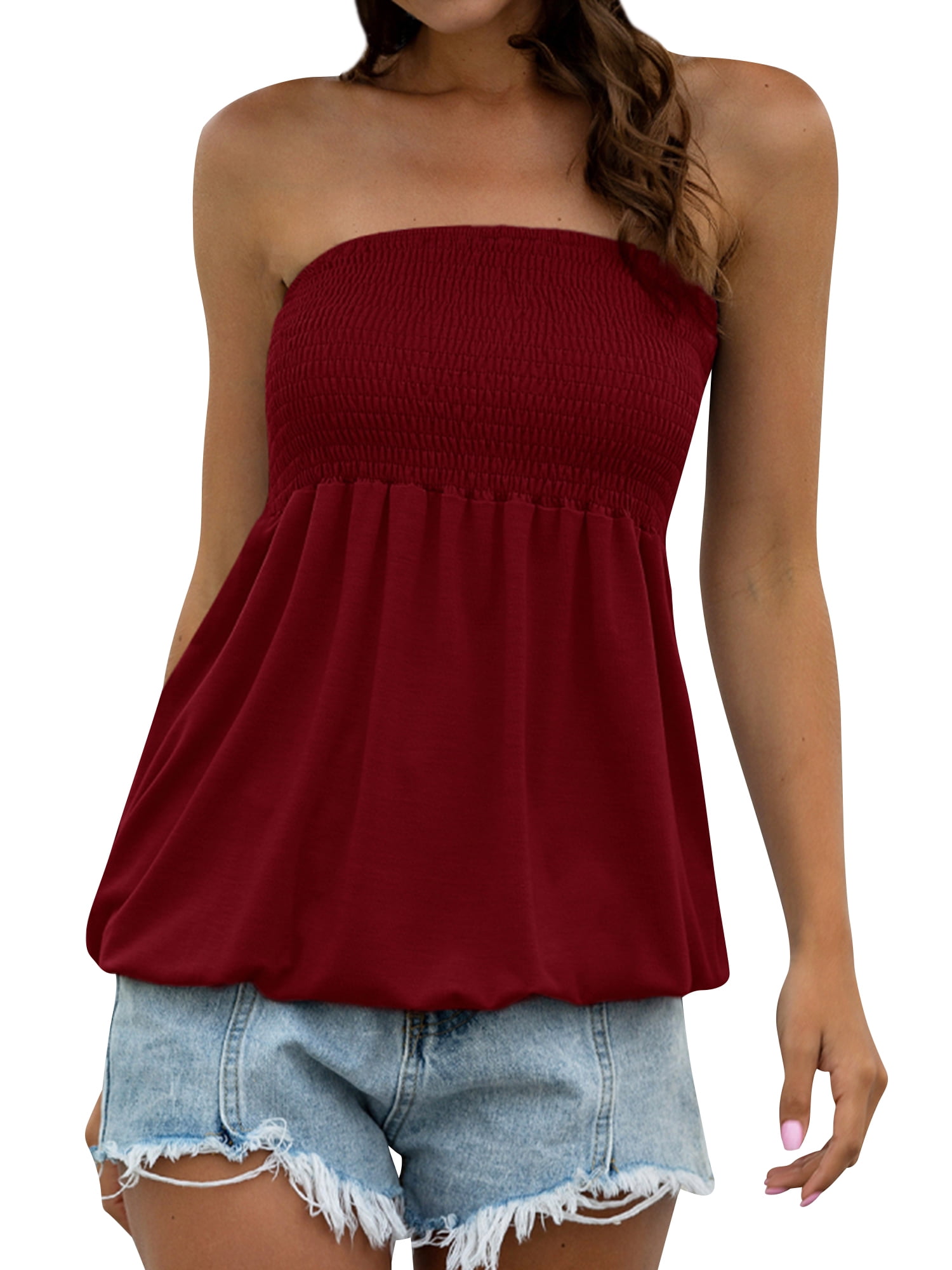 ZXZY Women Solid Color Strapless Elastic Pleated Tube Halter Twisted ...