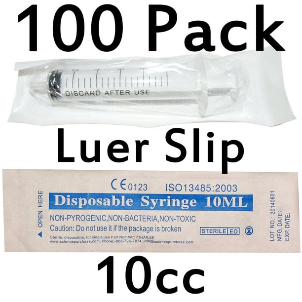 100 Pack of 10cc Luer Slip Tip Syringes - 10mL - 0.33 fl. oz. Capacity ...