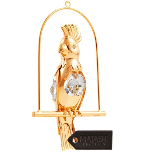 24K Gold Plated Parrot on a Perch Ornament with Clear-Cut Crystals ...