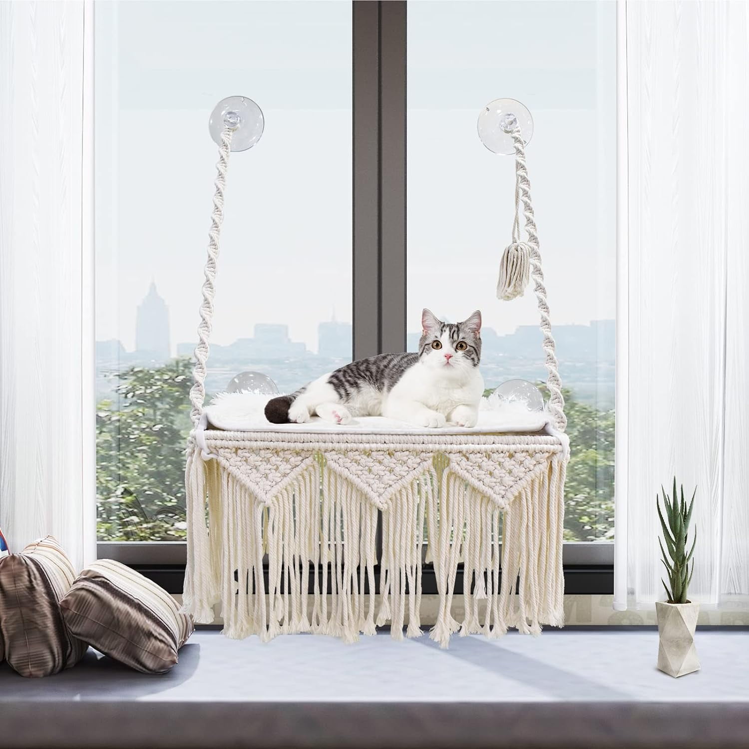 Hamaca de macramé para gatos con percha para ventana, estilo bohemio ...