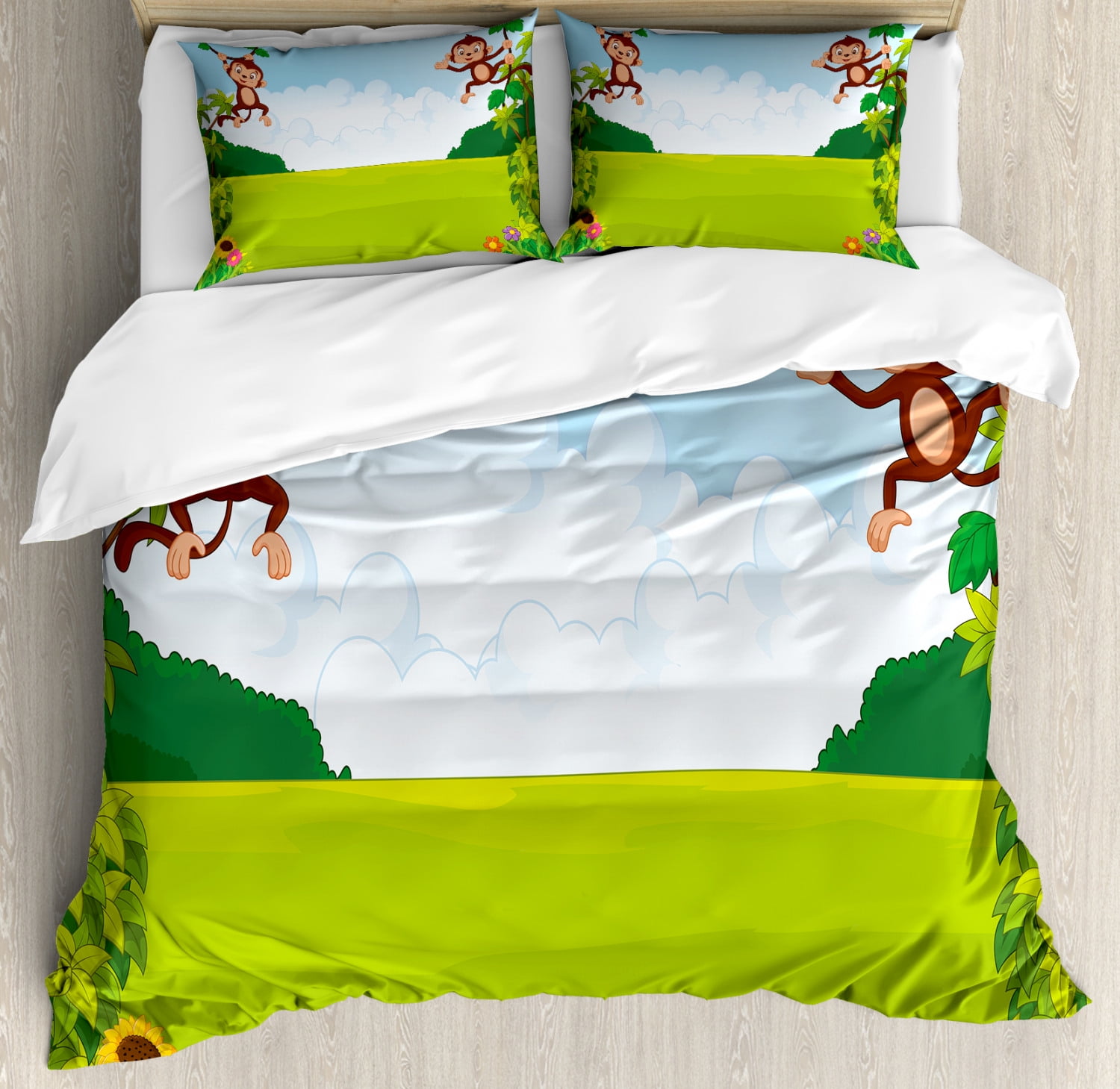 Nursery King Size Duvet Cover Set, Cute Playful Monkeys Hanging on ...