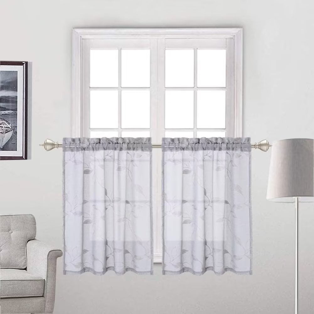 Shininglove Grey Cafe Curtains with Elegant Leaf Embroidery Pattern ...