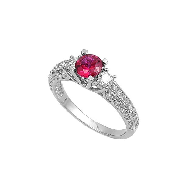 All in Stock - Round Center Simulated Ruby Cubic Zirconia Ring Sterling ...