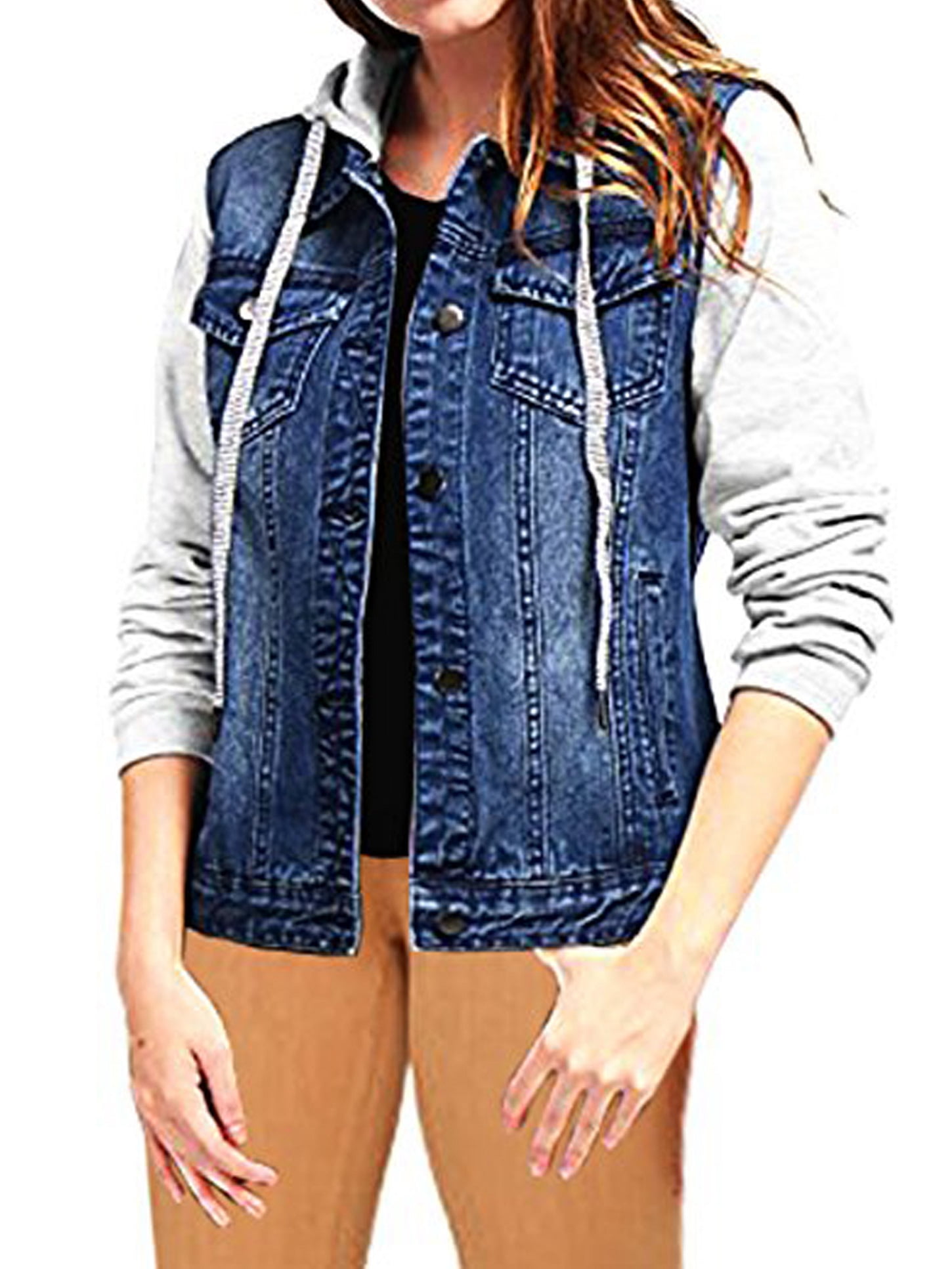 SKYLINEWEARS Women Hooded Denim Jacket Long Sleeve Layered Drawstring ...