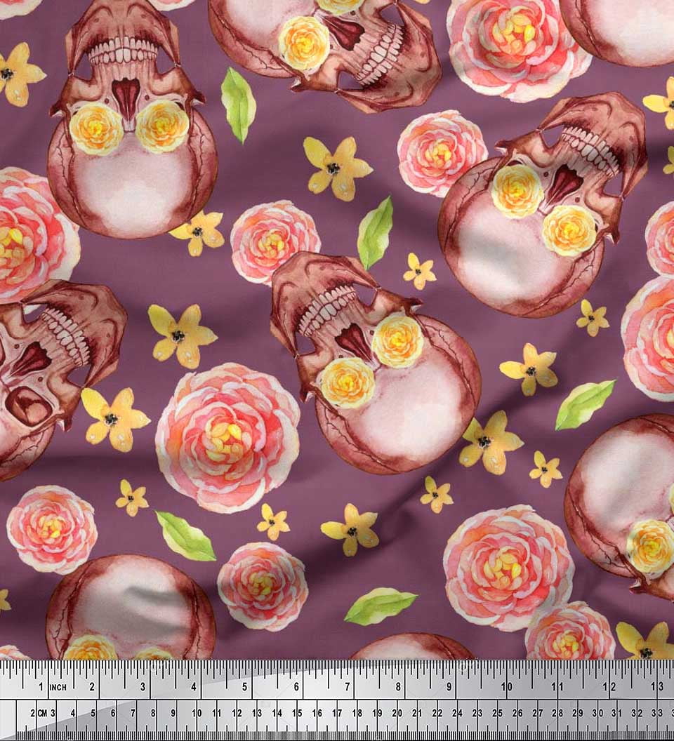 Soimoi Japan Crepe Satin Fabric Skull & Begonia Floral Print Fabric by ...